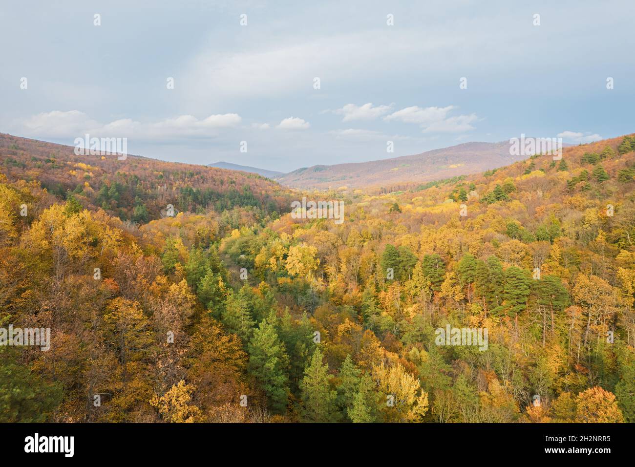 Colorful autumn aerial view of the Caucasus mountains. Great view of ...
