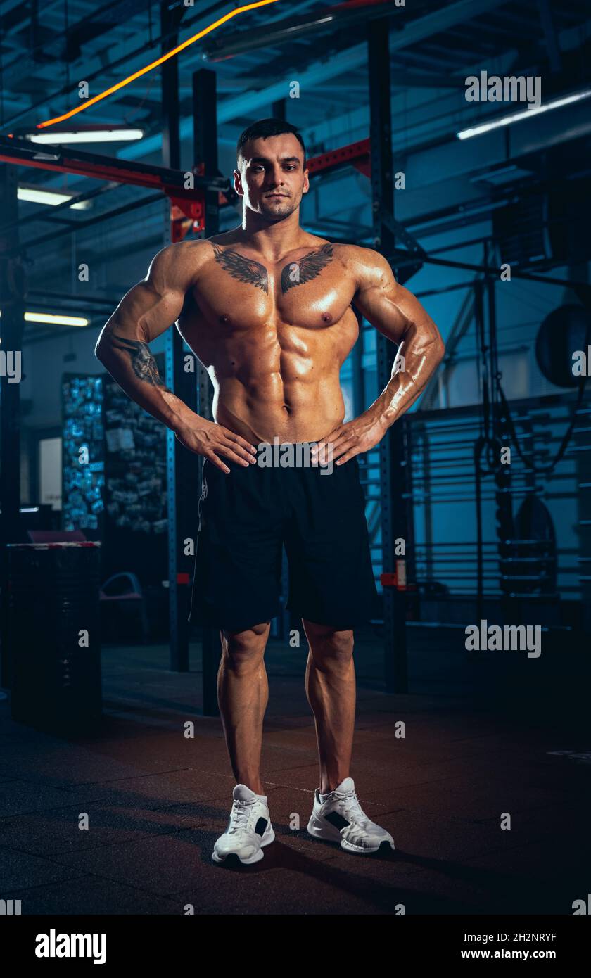 Portrait of young man, muscled athlete, bodybuilder posing at sport gym ...
