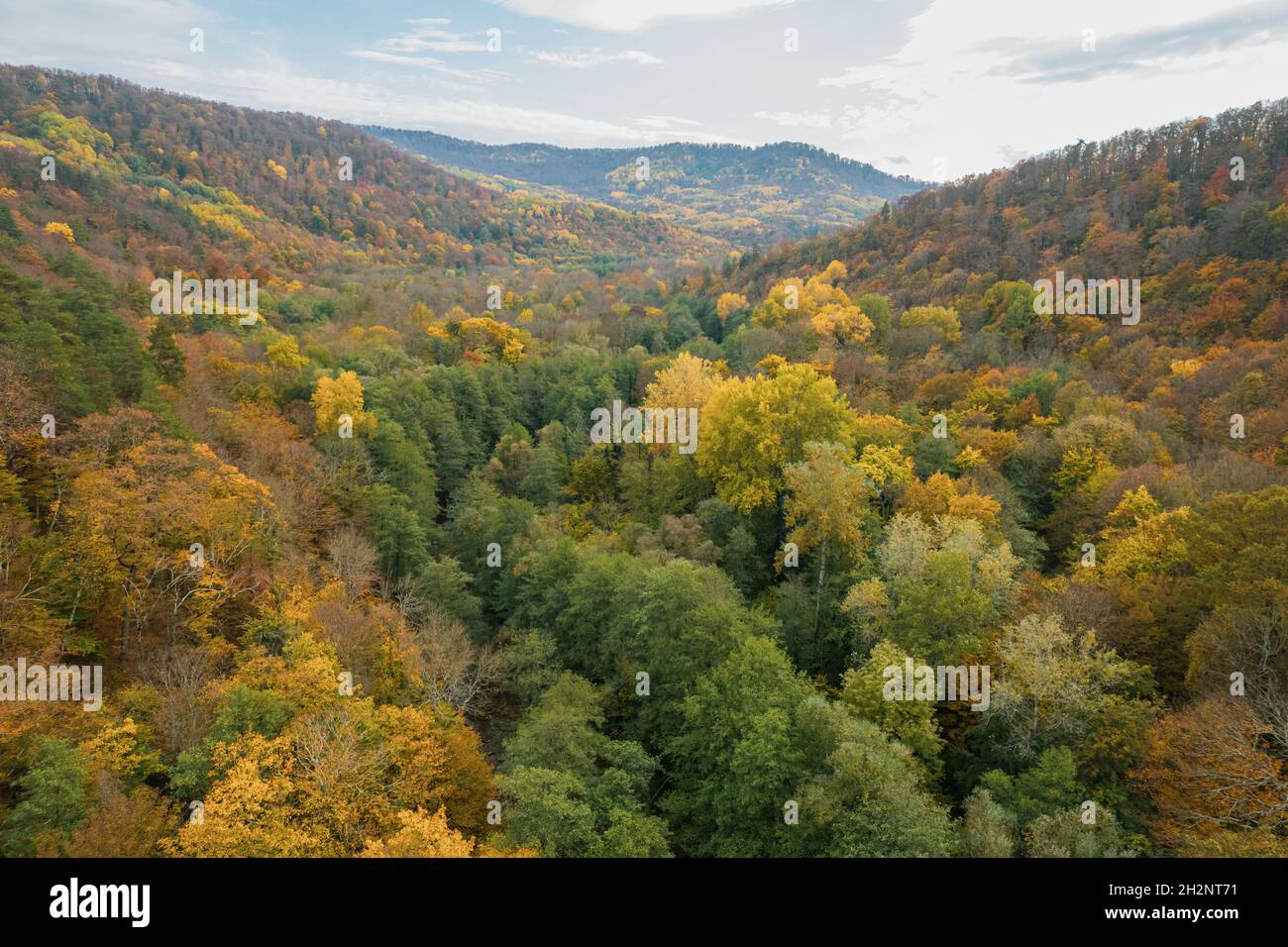 Colorful autumn aerial view of the Caucasus mountains. Great view of ...