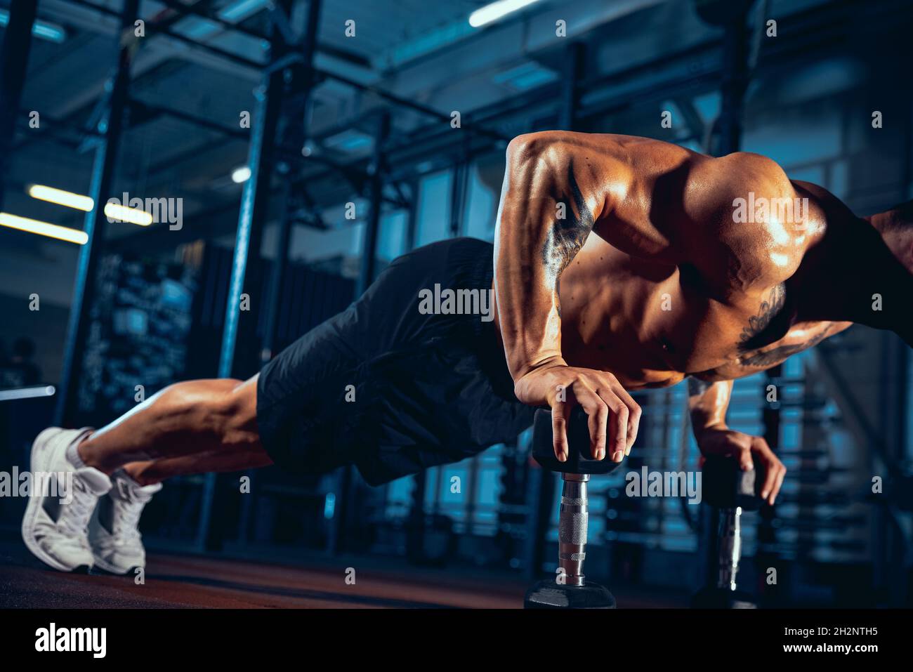 Portrait of muscled athlete, bodybuilder workouts alone at sport gym ...