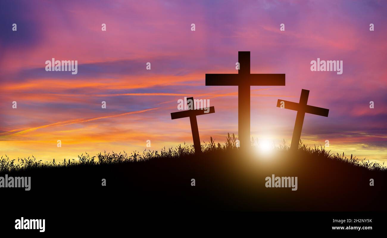3 Crosses On A Hill At Sunset