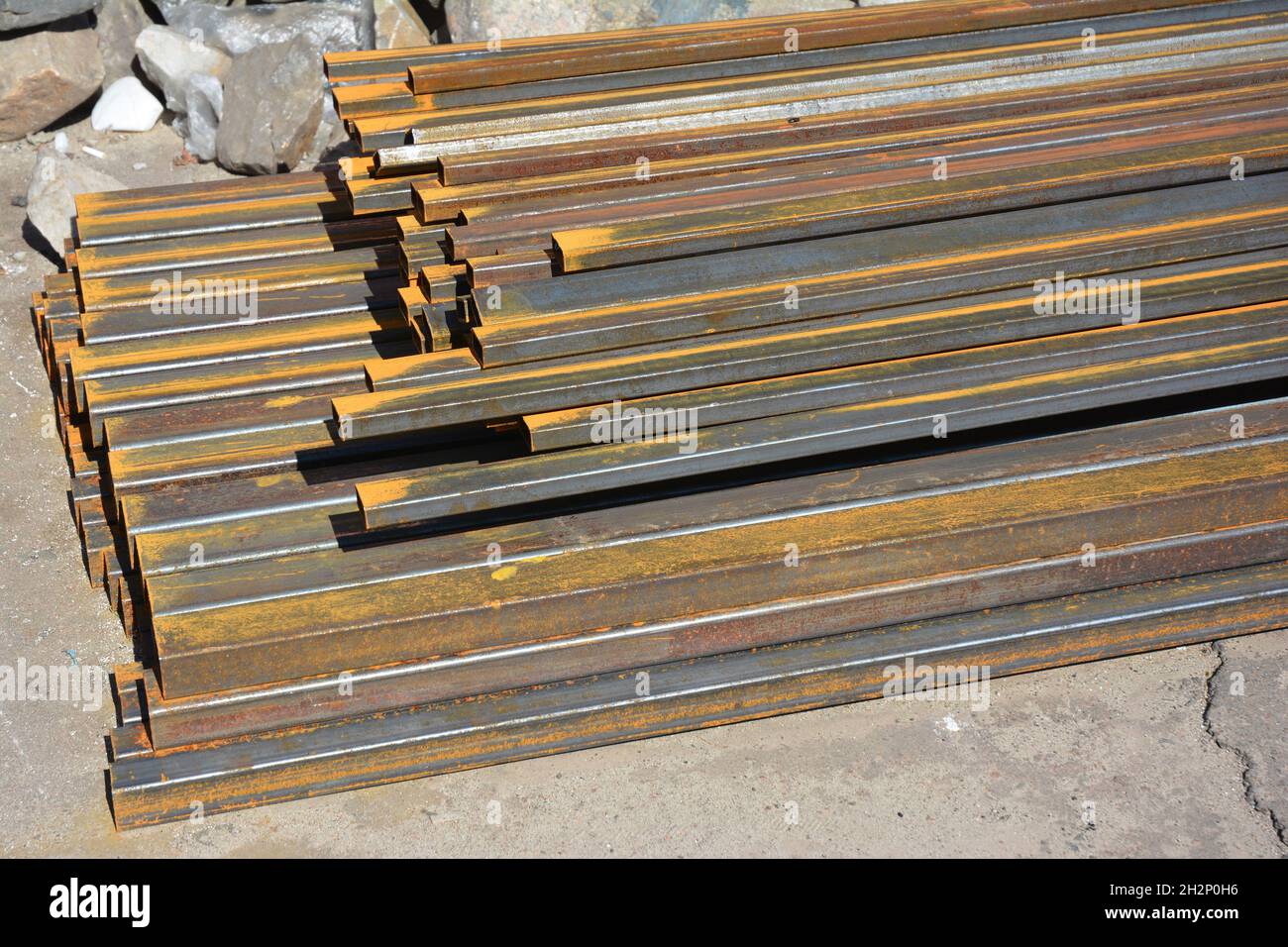 Rust steel beams on house construction site outdoor. Steel beams for ...