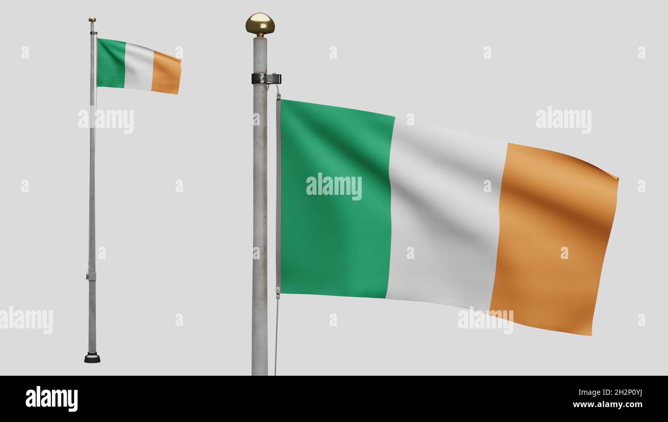3D, Ireland flag waving on wind. Close up of Irish banner blowing, soft ...