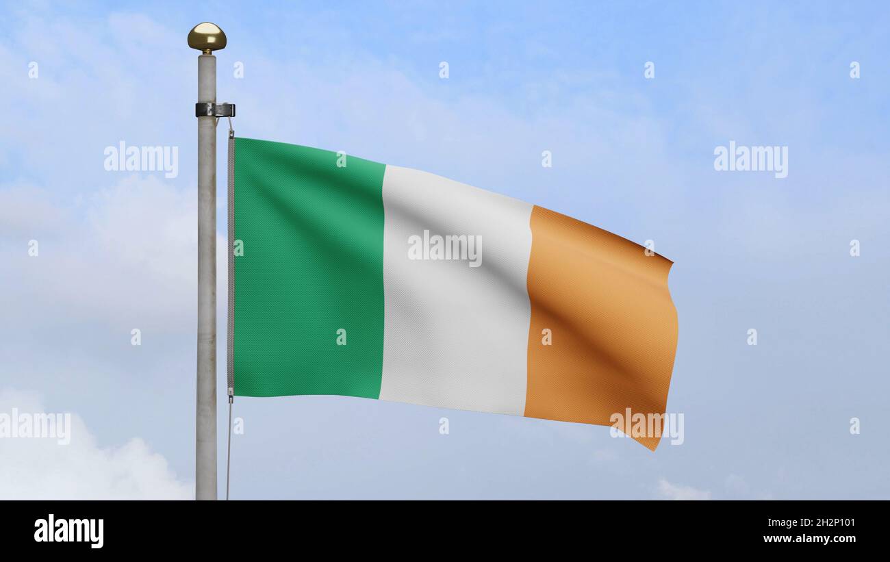 3D, Ireland flag waving on wind with blue sky and clouds. Irish banner ...