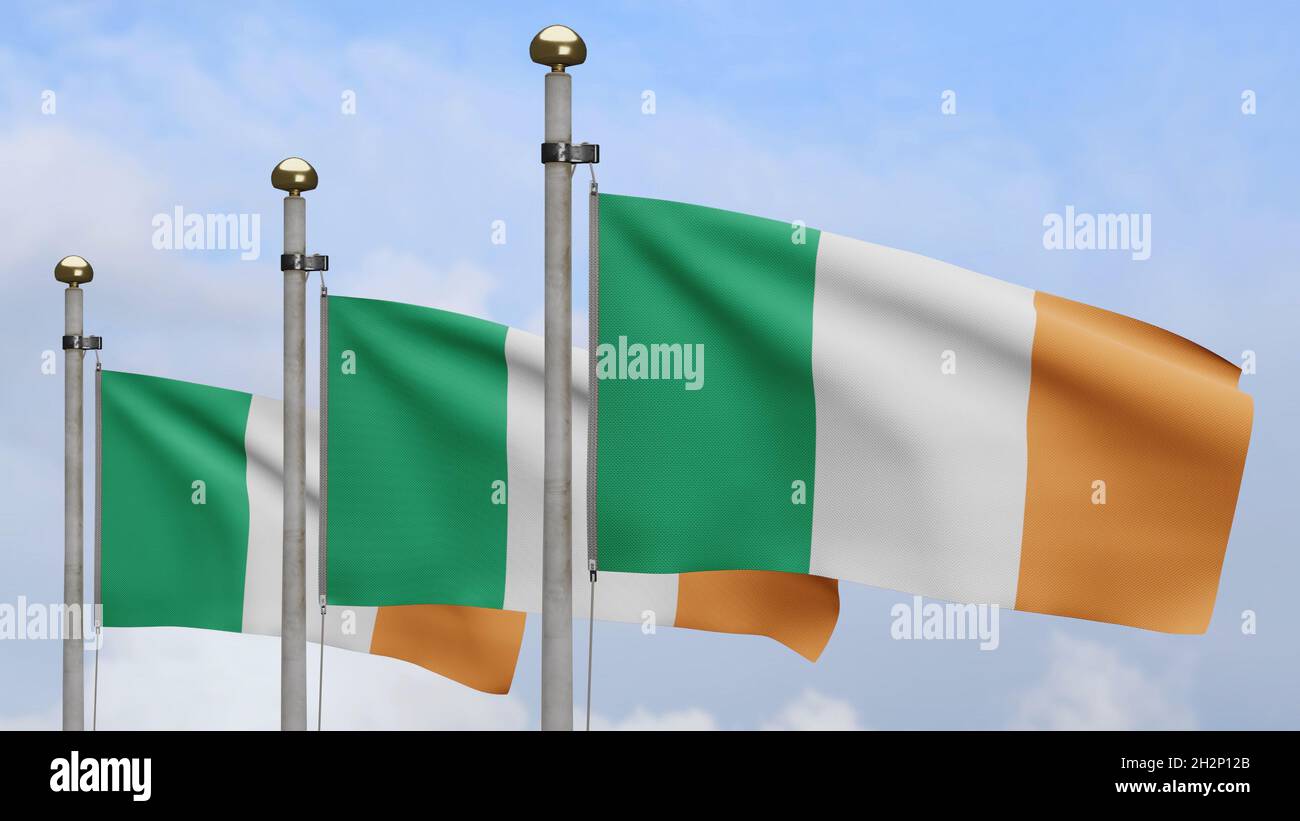 3D, Ireland flag waving in the wind with blue sky and clouds. Close up ...