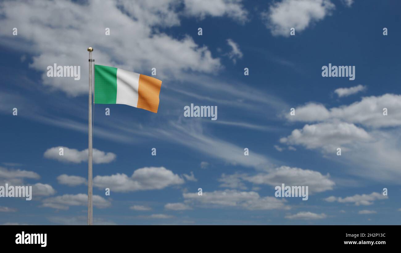 3D, Ireland flag waving in the wind with blue sky and clouds. Close up ...