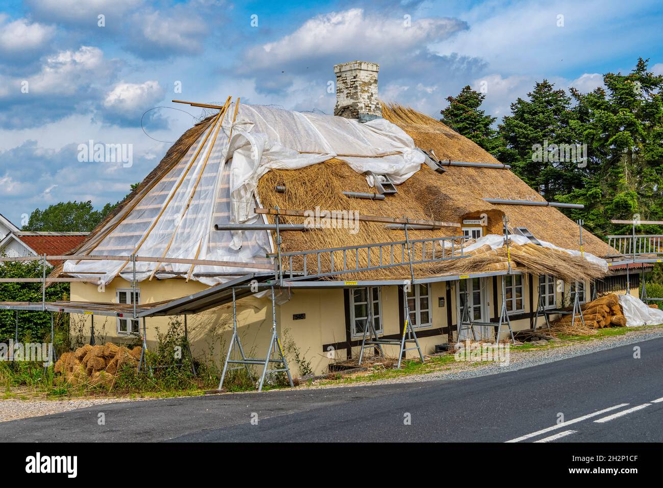 Typical Danish yellow house. Traditional roof repair and construction ...