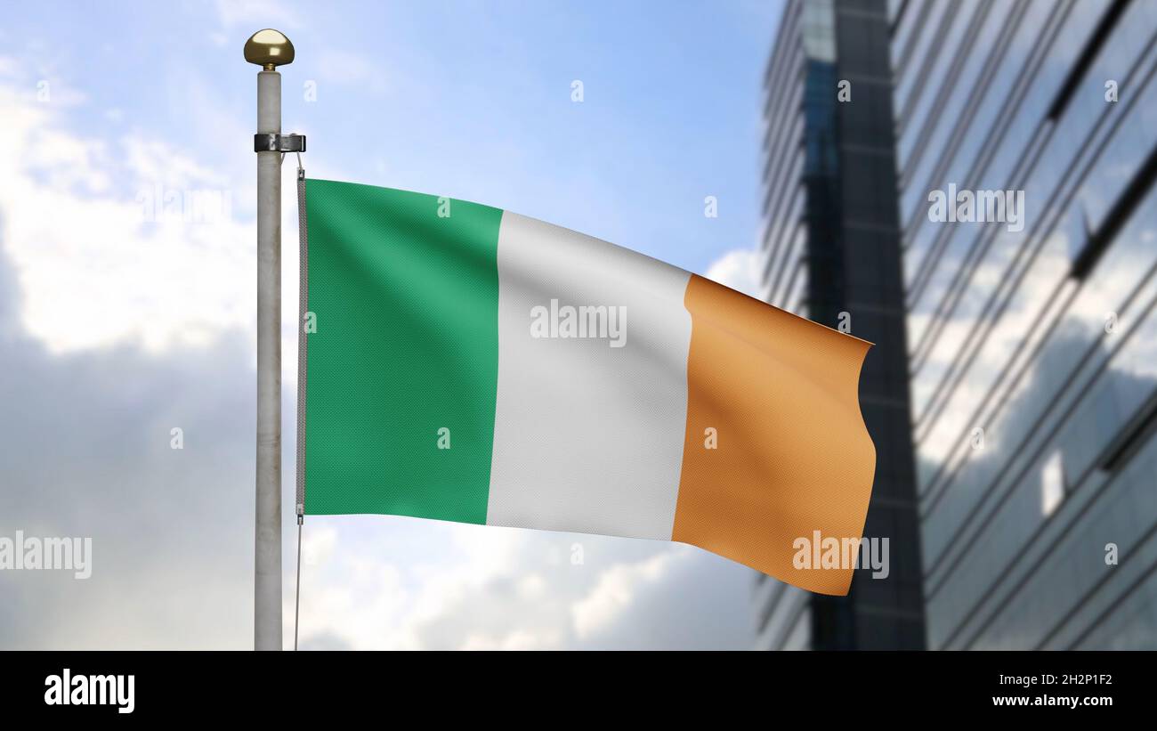 3D, Ireland flag waving on wind with modern skyscraper city. Close up ...