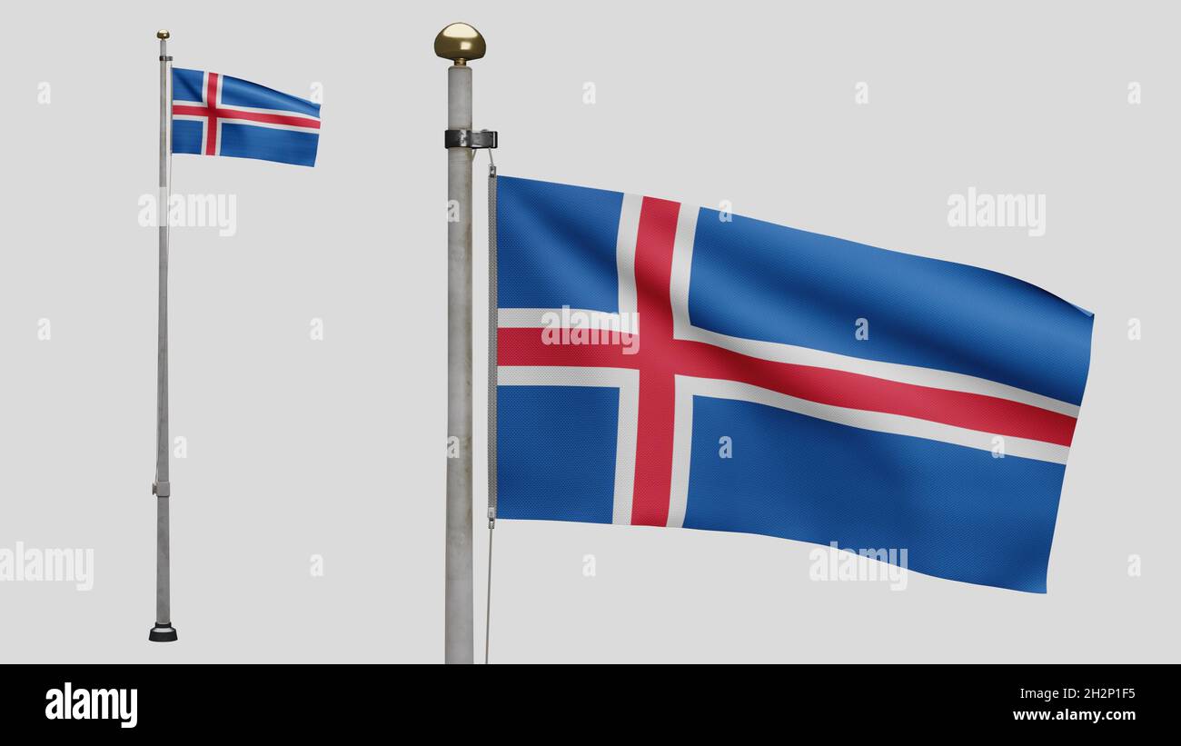 3D, Icelandic flag waving on wind. Close up of Iceland banner blowing ...