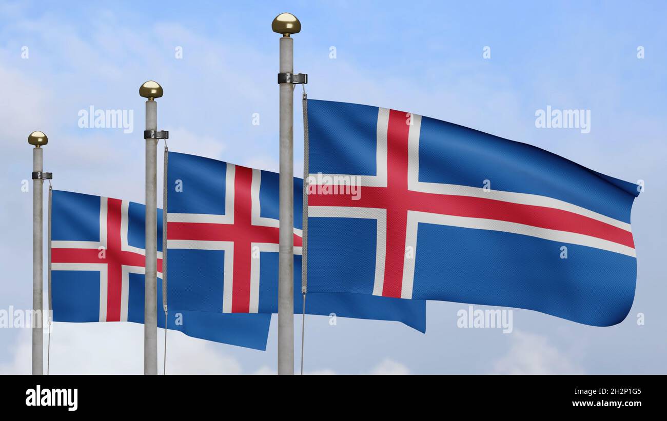 3D, Icelandic flag waving on wind with blue sky and clouds. Iceland ...