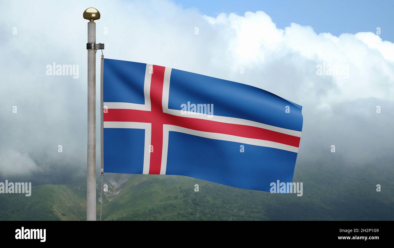 3D, Icelandic flag waving on wind at mountain. Iceland banner blowing ...