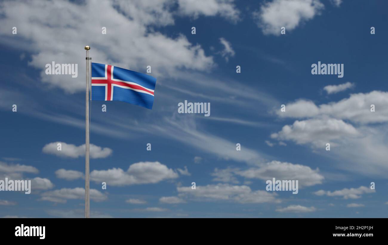 3D, Icelandic flag waving on wind with blue sky and clouds. Iceland ...