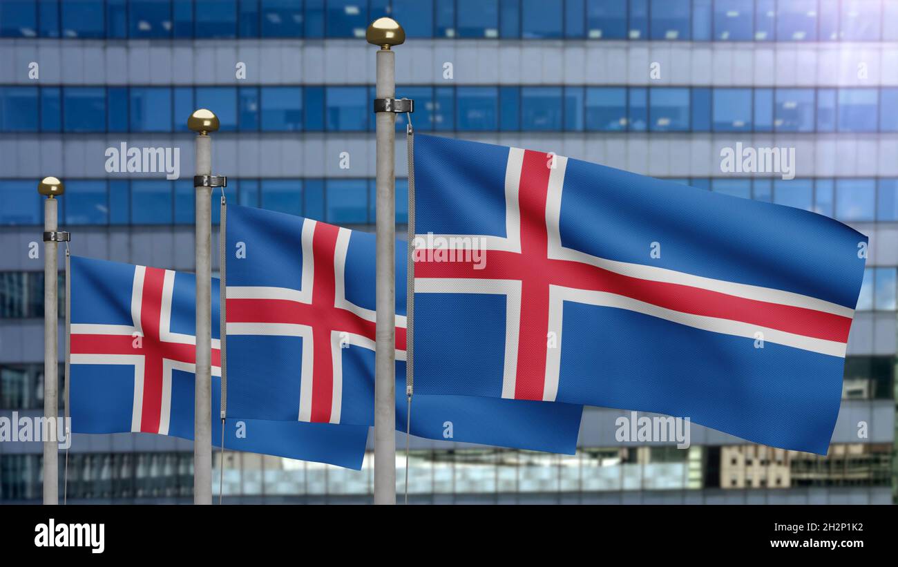3D, Icelandic flag waving on wind with modern skyscraper city. Iceland ...