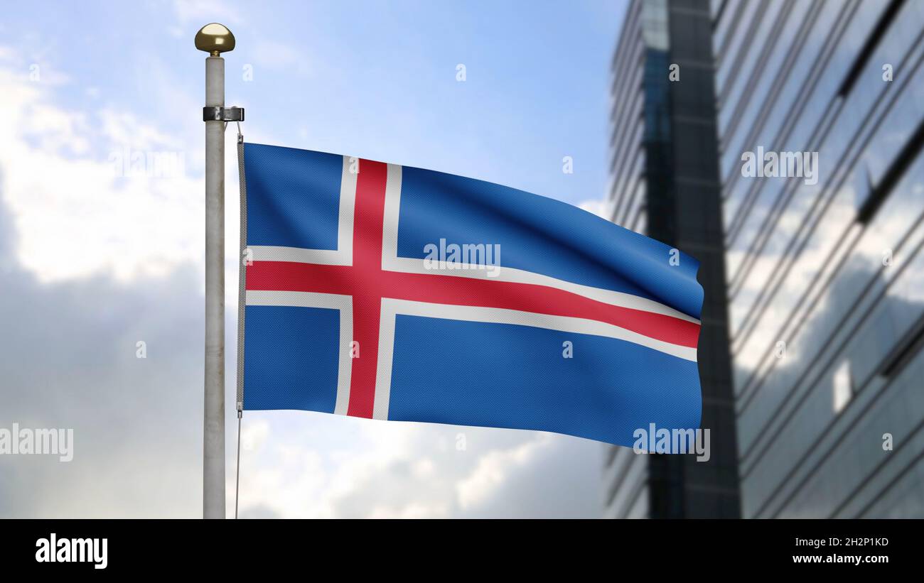 3D, Icelandic flag waving on wind with modern skyscraper city. Iceland ...