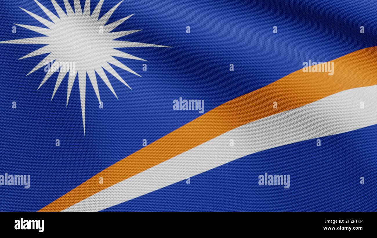 3D, Marshallese flag waving on wind. Close up of Marshall banner ...