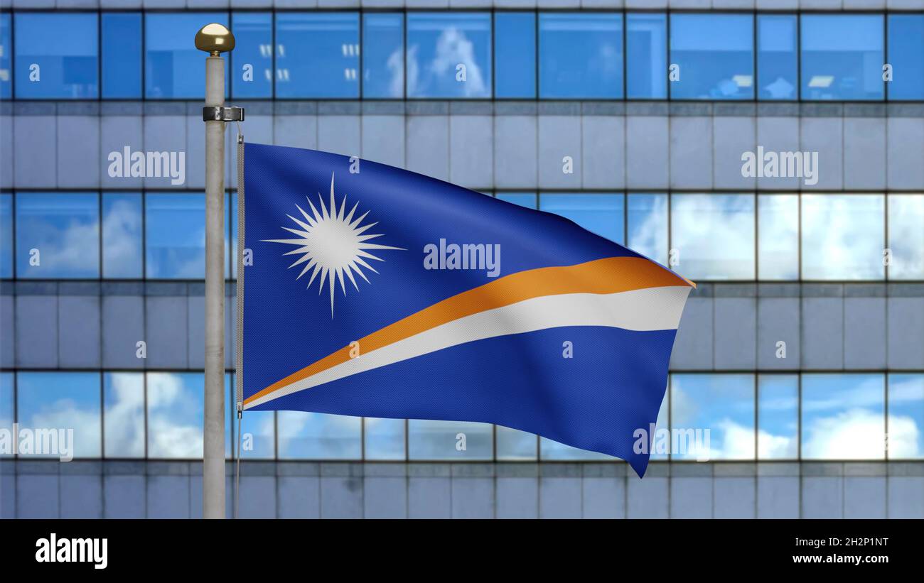 3D, Marshallese flag waving on wind with modern skyscraper city. Close ...