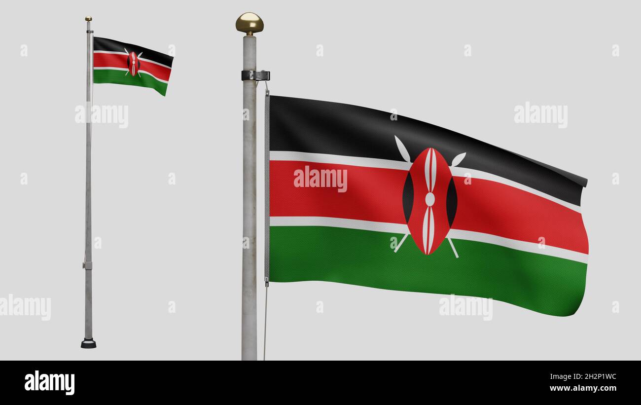 3D, Kenyan flag waving on wind. Close up of Kenya banner blowing, soft ...