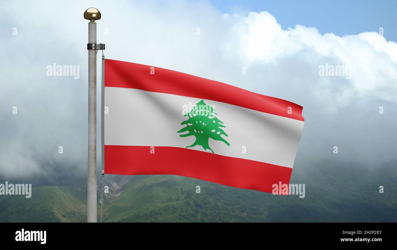 3D, Lebanese flag waving on wind at mountain. Lebanon banner blowing ...
