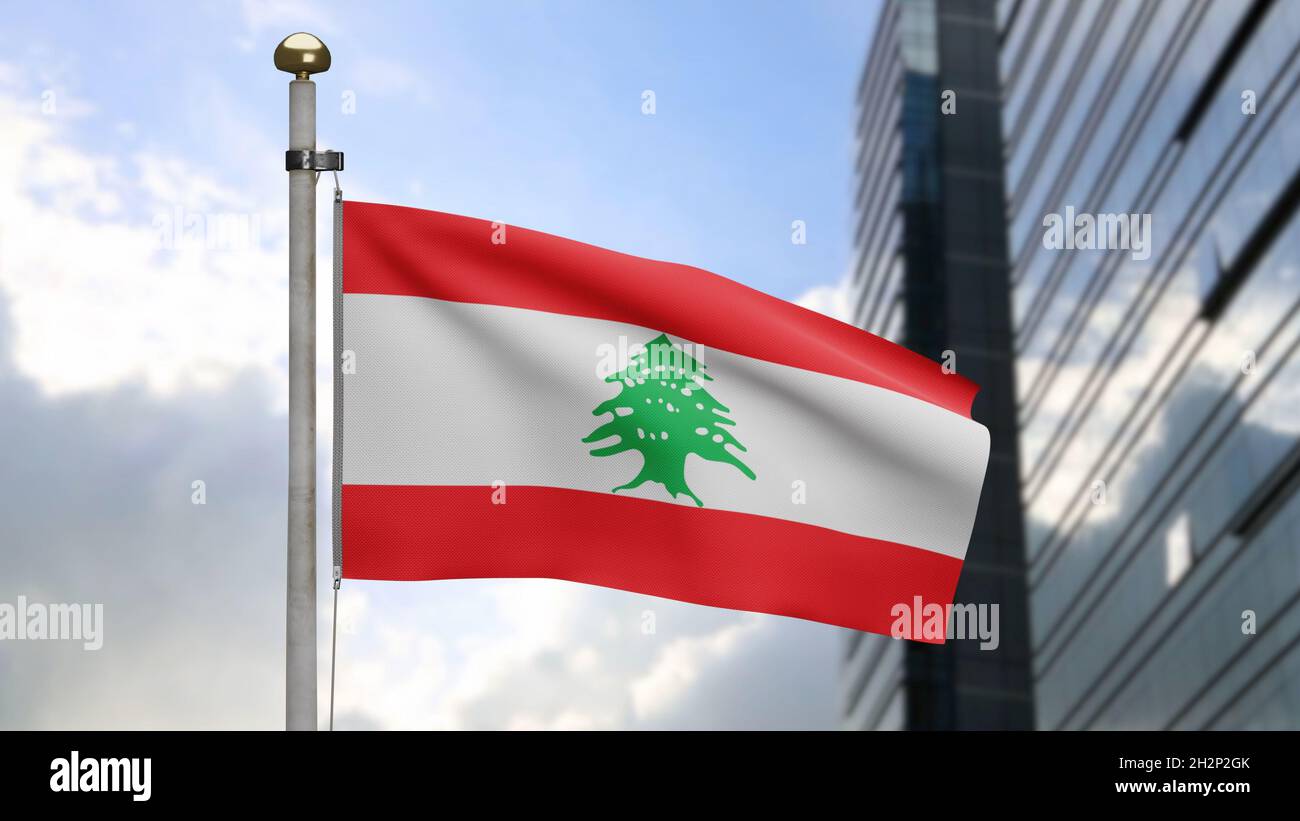 3D, Lebanese flag waving on wind with modern skyscraper city. Lebanon ...