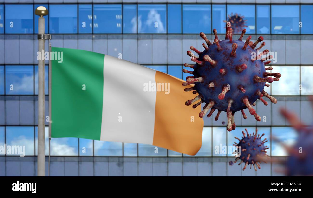 3D, Ireland flag waving with modern skyscraper city and coronavirus ...