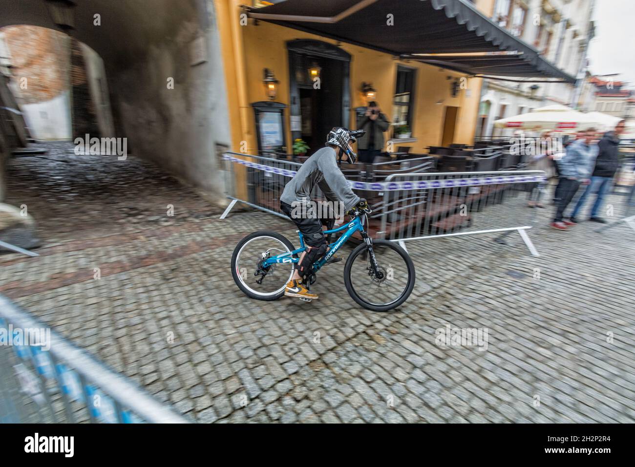 Lublin, Poland - May 24, 2015: Bike city street race Eliminator MTB - competitor riding through ...
