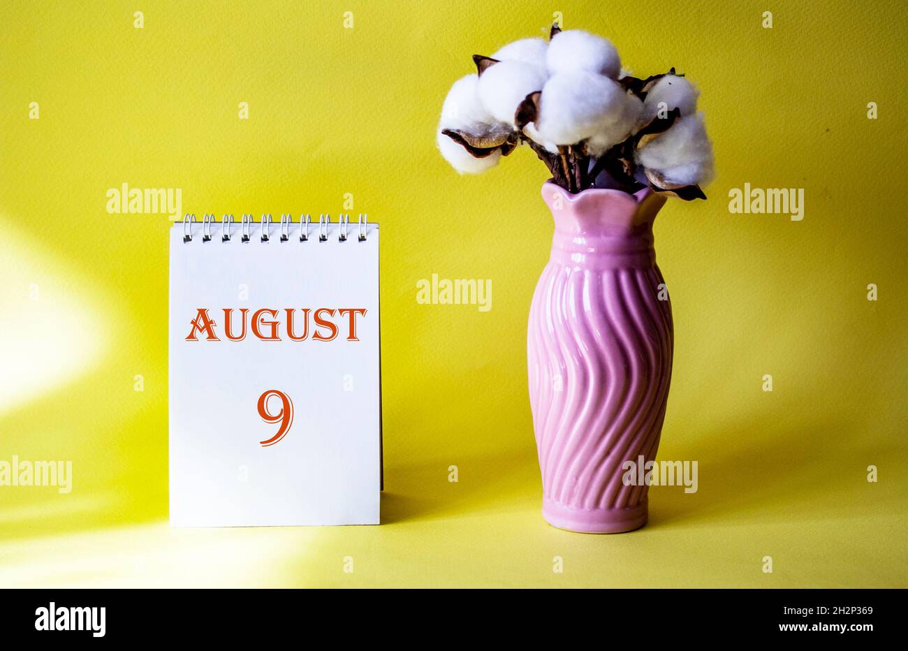 Calendar with text 9 august on yellow background and with a vase of ...
