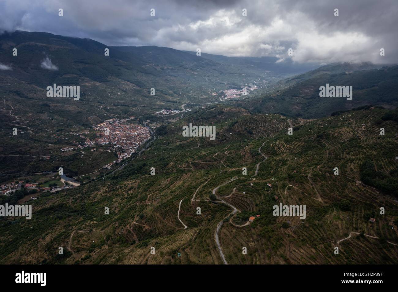 Aerial shot of the beautiful landscapes in the Valle del Jerte in ...