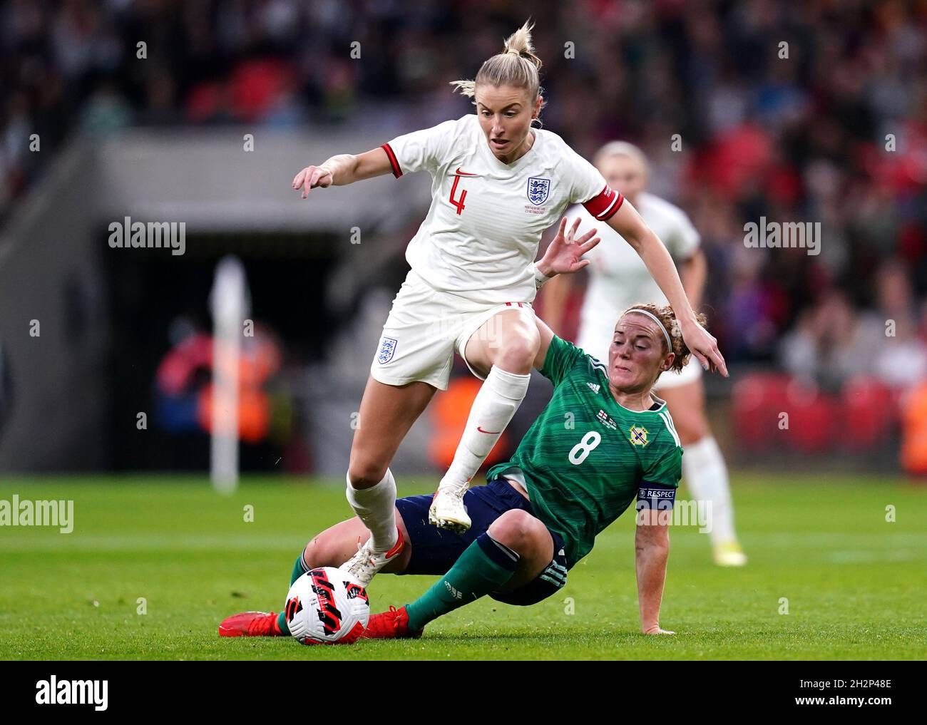 Northern Ireland's Marissa Callaghan (right) challenges England's Leah ...