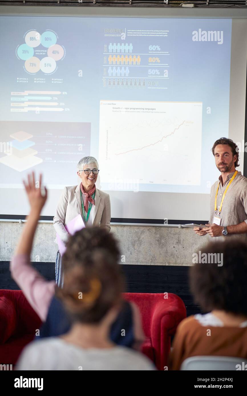 Audience is asking a questions at a presentation in a pleasant ...