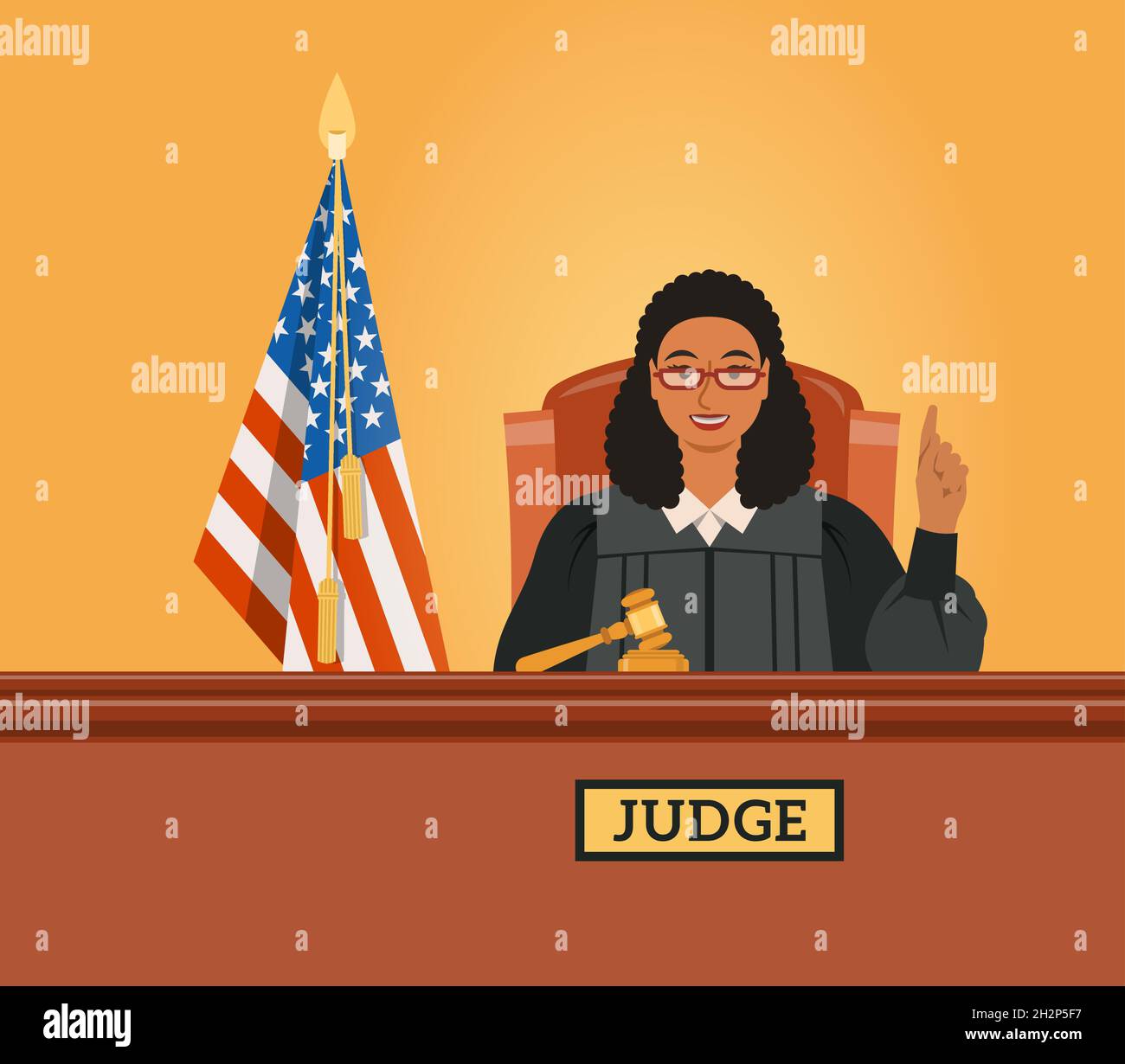 Judge black woman in courtroom at tribunal with gavel and American flag ...