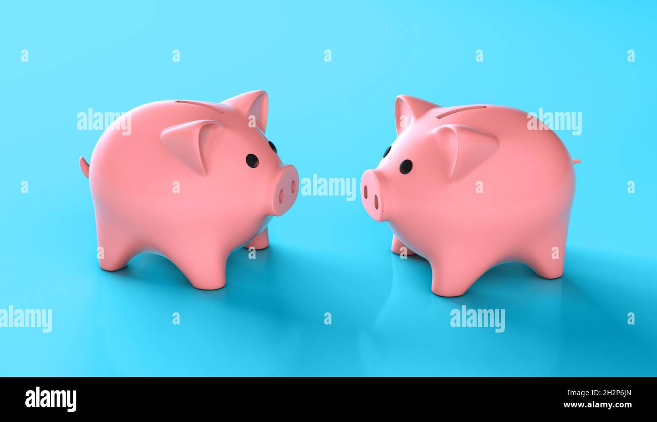 Two piggy banks on a blue background. 3d render Stock Photo - Alamy