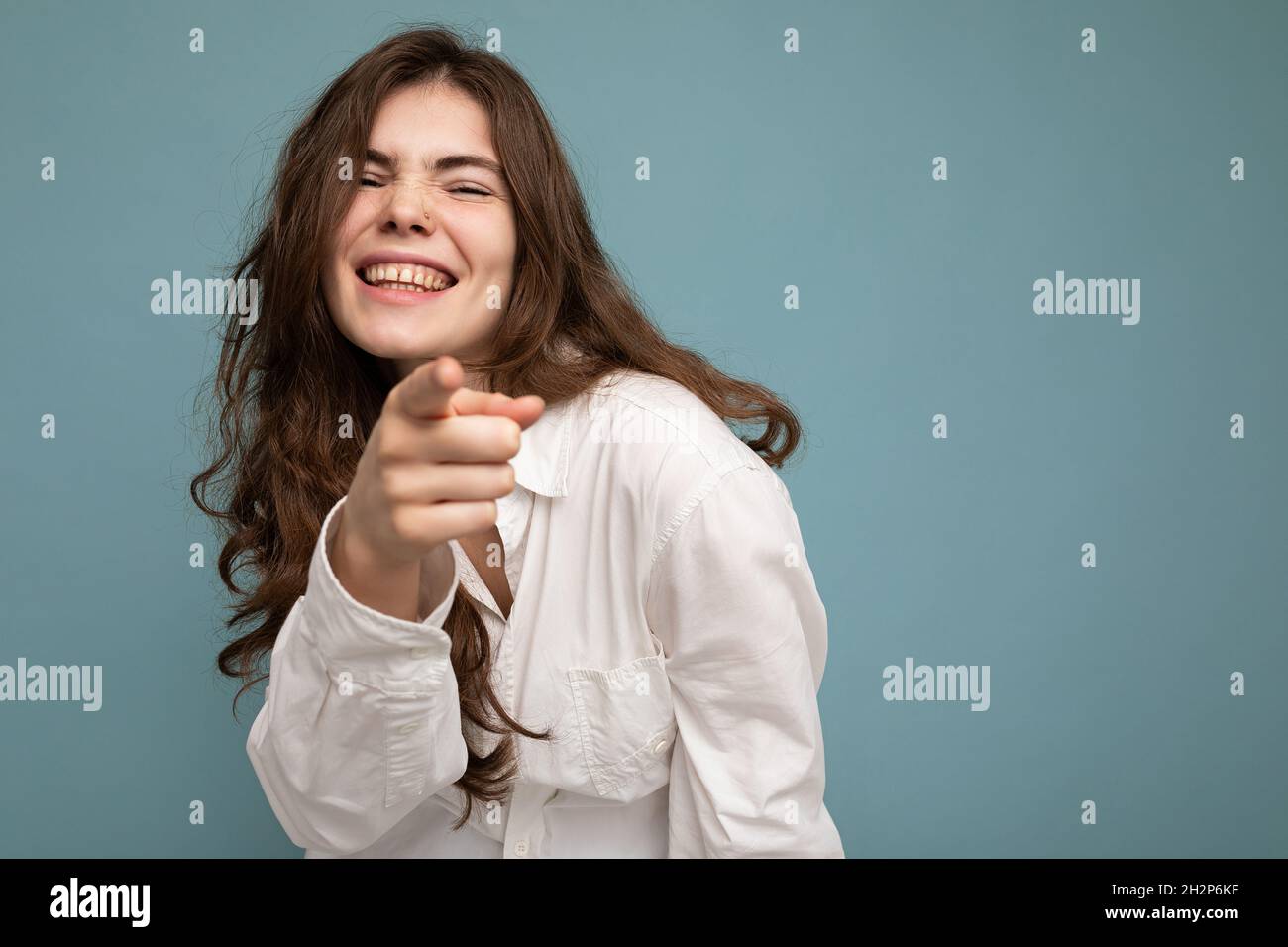 Photo of young positive happy smiling beautiful woman with sincere ...