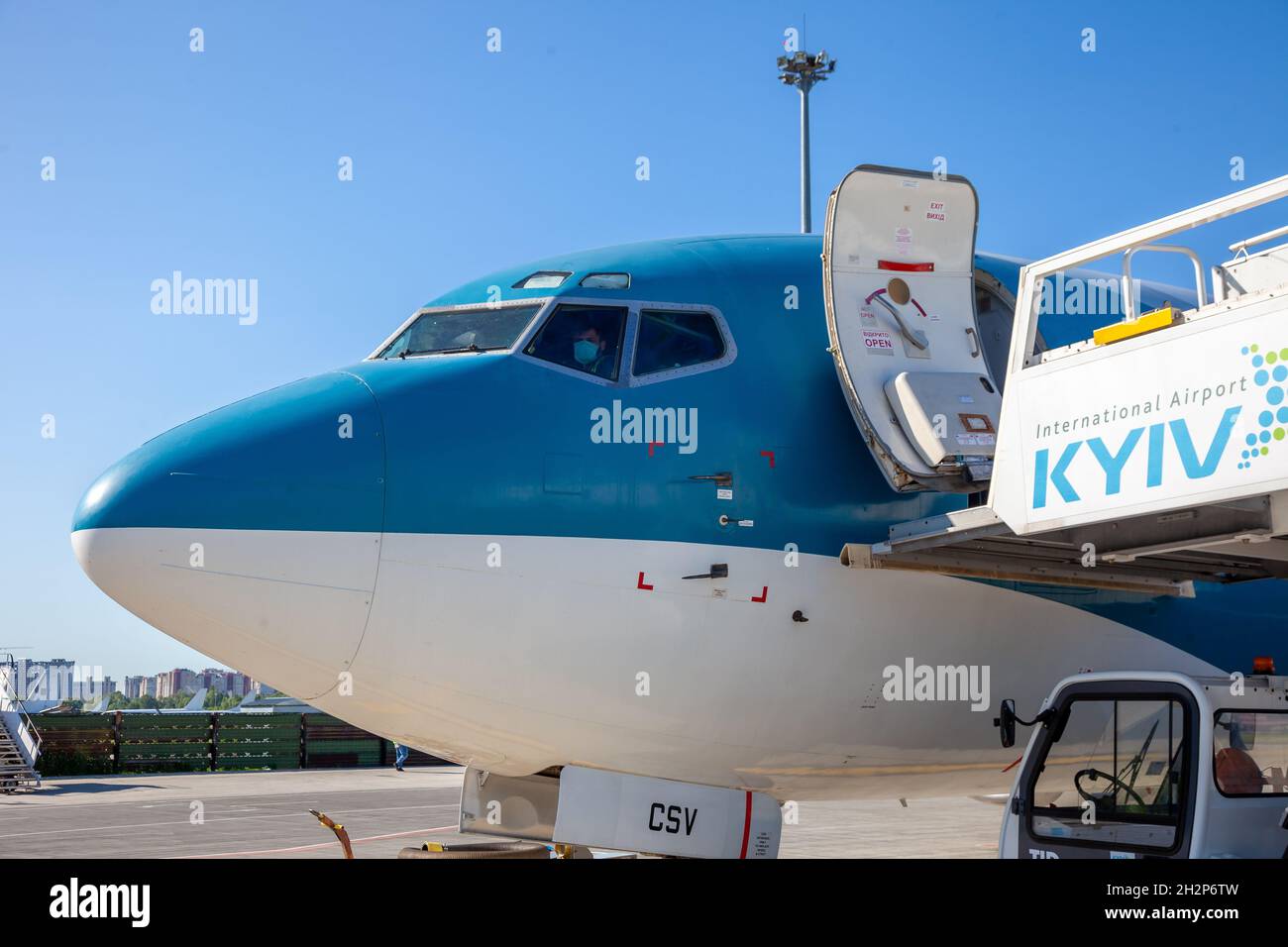 Ukraine, Kyiv - Zhuliany airport. Airplane Boeing 737-4K5 Jonika airline plane. Aircraft UR-CSV ...