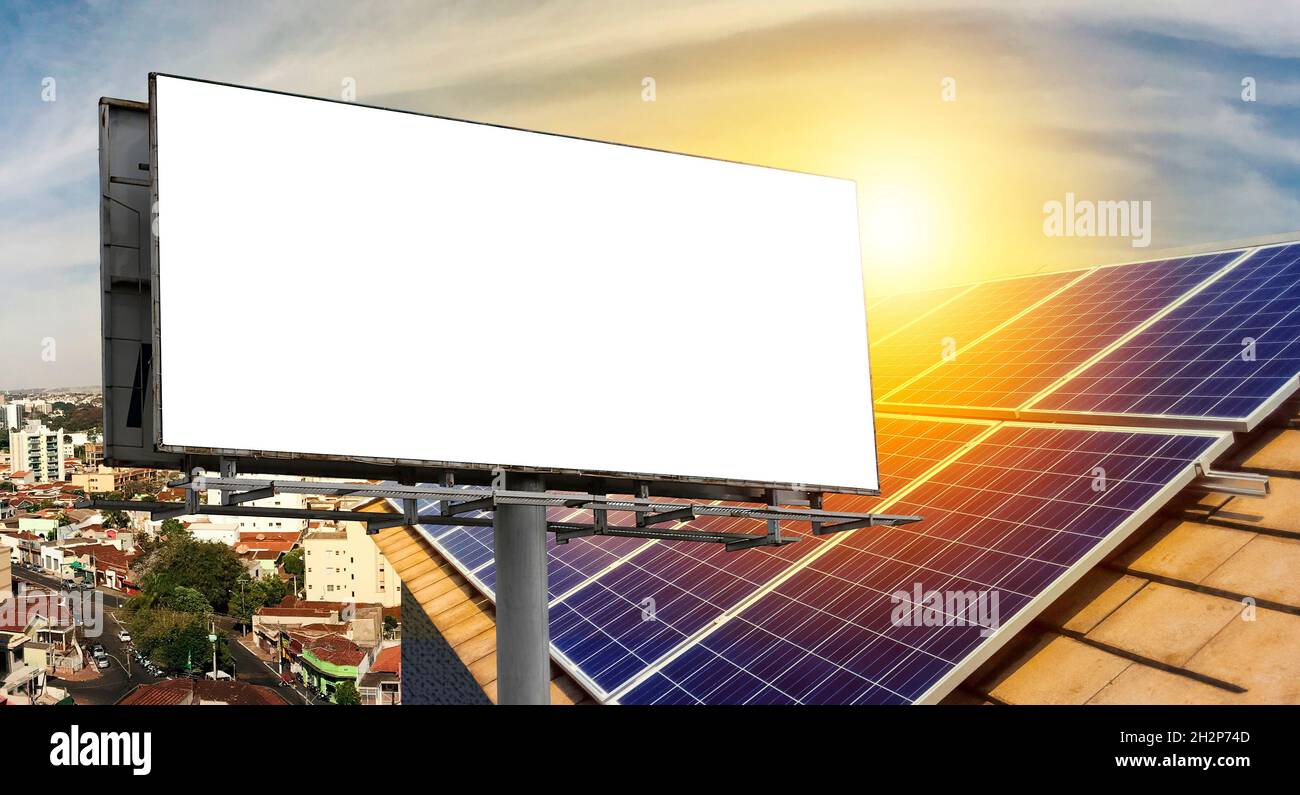 Blank Empty billboard mockup with white screen against solar panel ...