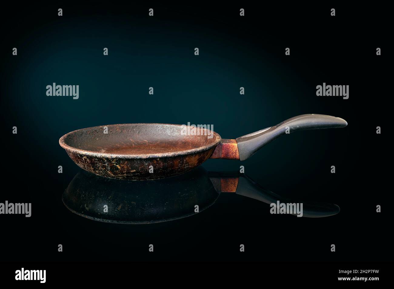 Old used worn vintage frying pan. Side view with reflection, isolated ...