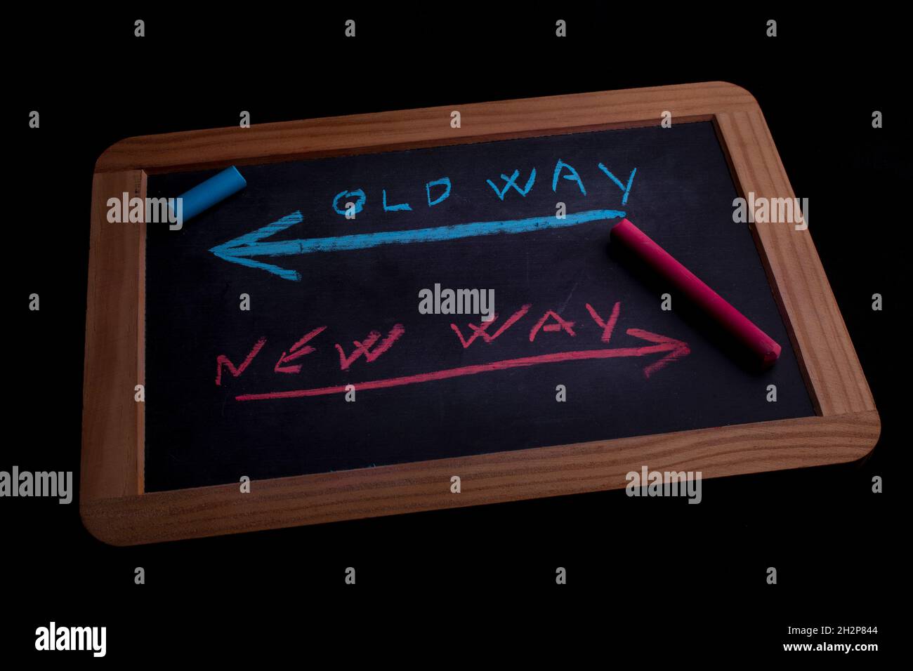 Old way or new way written on chalkboard - black background Stock Photo ...