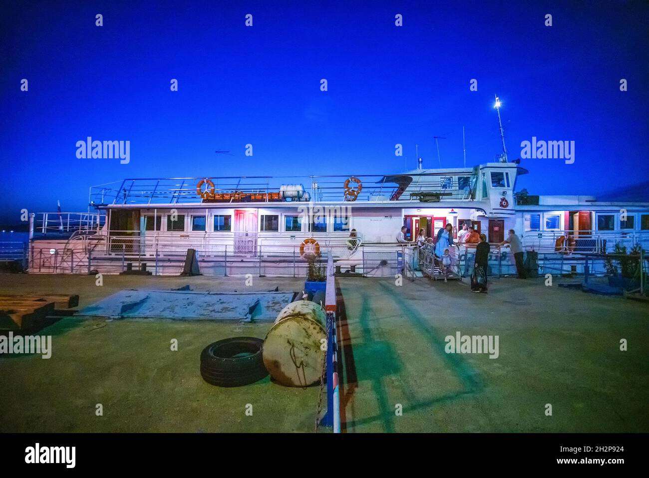 08/30/2021 Samara, Russia. A boat on which passengers are ferried ...