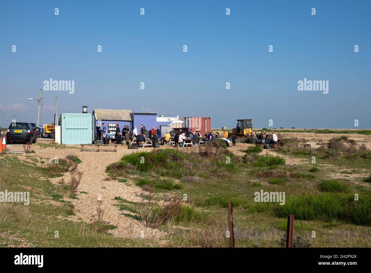 People customers at the Dungeness fish hut Snack Shack in landscape ...