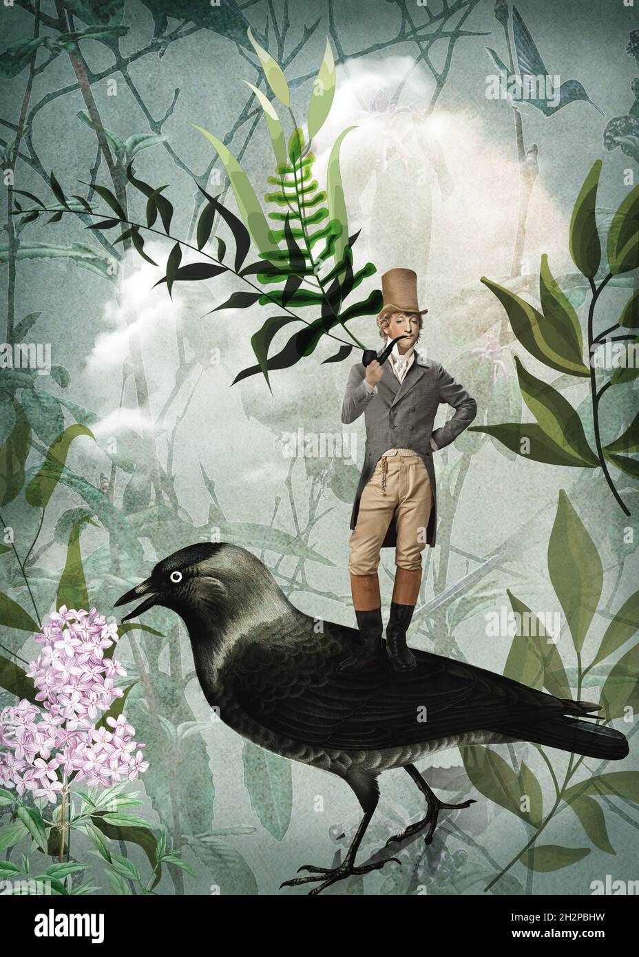 Smoking in the woods on top of a raven Stock Photo - Alamy