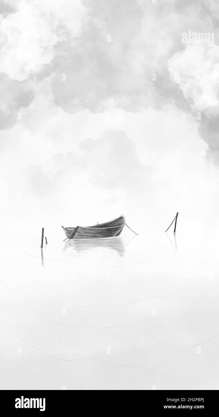 Boat on the water in calm weather. Minimalistic pencil drawing of a ...