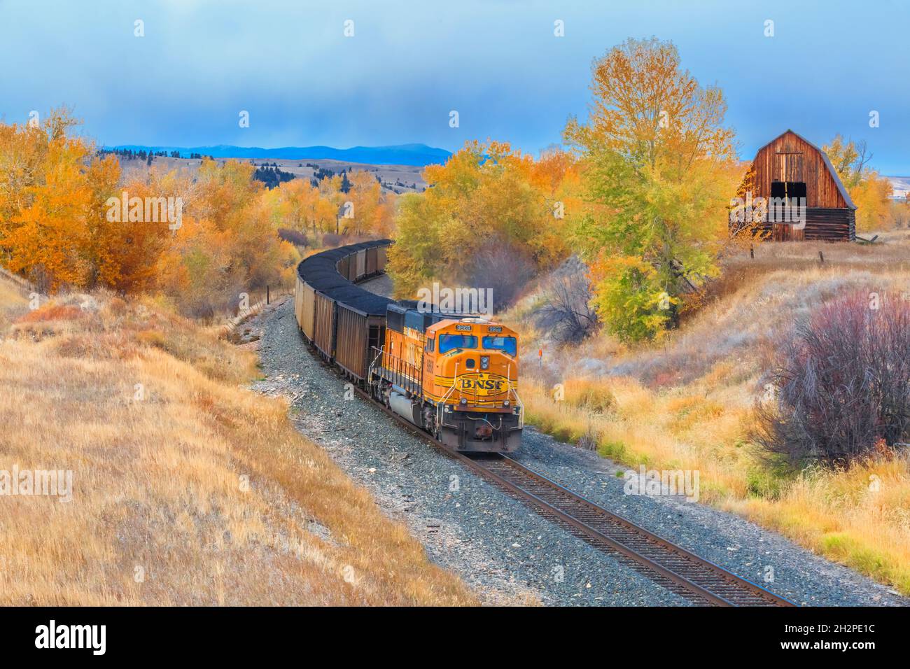 train passing by an old barn in autumn at jens, montana Stock Photo - Alamy