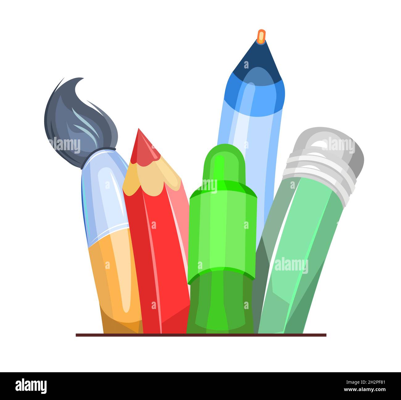 Stationery. Brushes and pencils. Cartoon funny style. Symbolic object ...