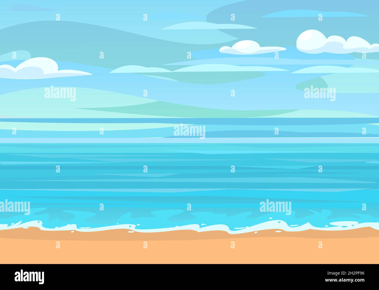 Sea beach. Summer seascape. Far away is the ocean horizon. Calm weather ...