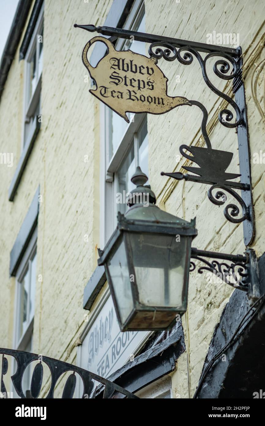 Whitby, Yorkshire, UK – October 20 2021. Abbey Steps Tea room sign and ...