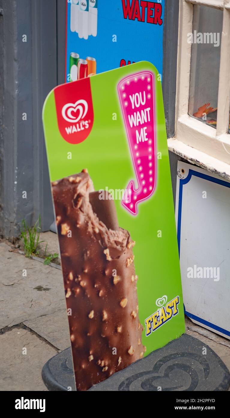 Whitby, Yorkshire, UK – October 20 2021. The advertisement sign ...