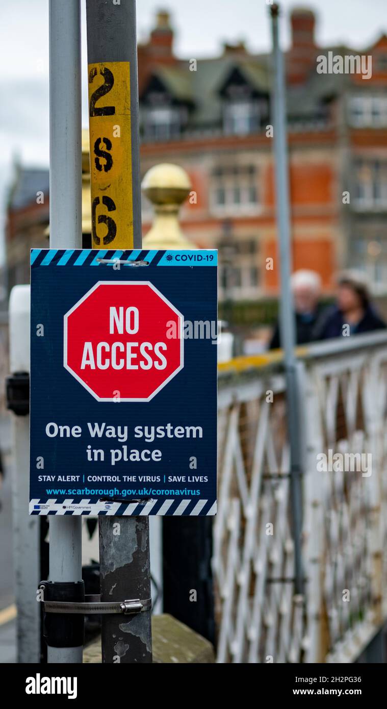 Whitby, Yorkshire, UK – October 20 2021. No Access One Way System sign ...