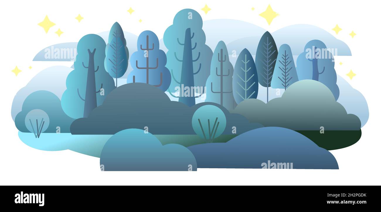 Night forest. Flat cartoon style symbolic illustration. Landscape in ...