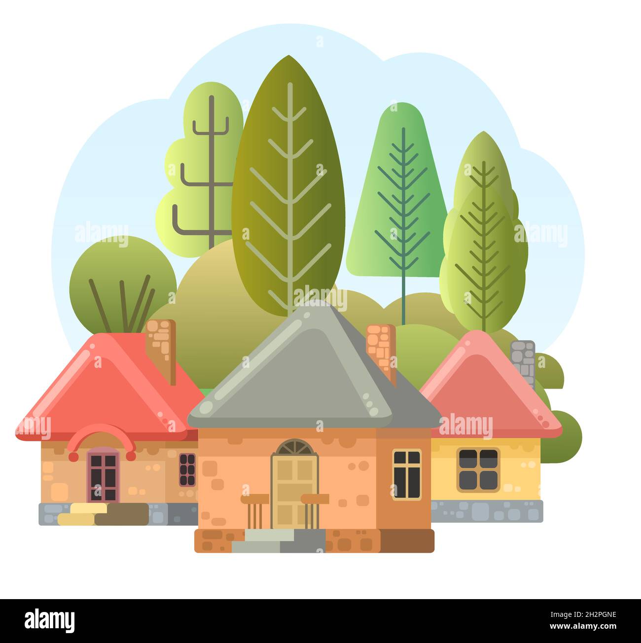 Small cozy houses. Funny cartoon style. Country suburban village. Farm ...