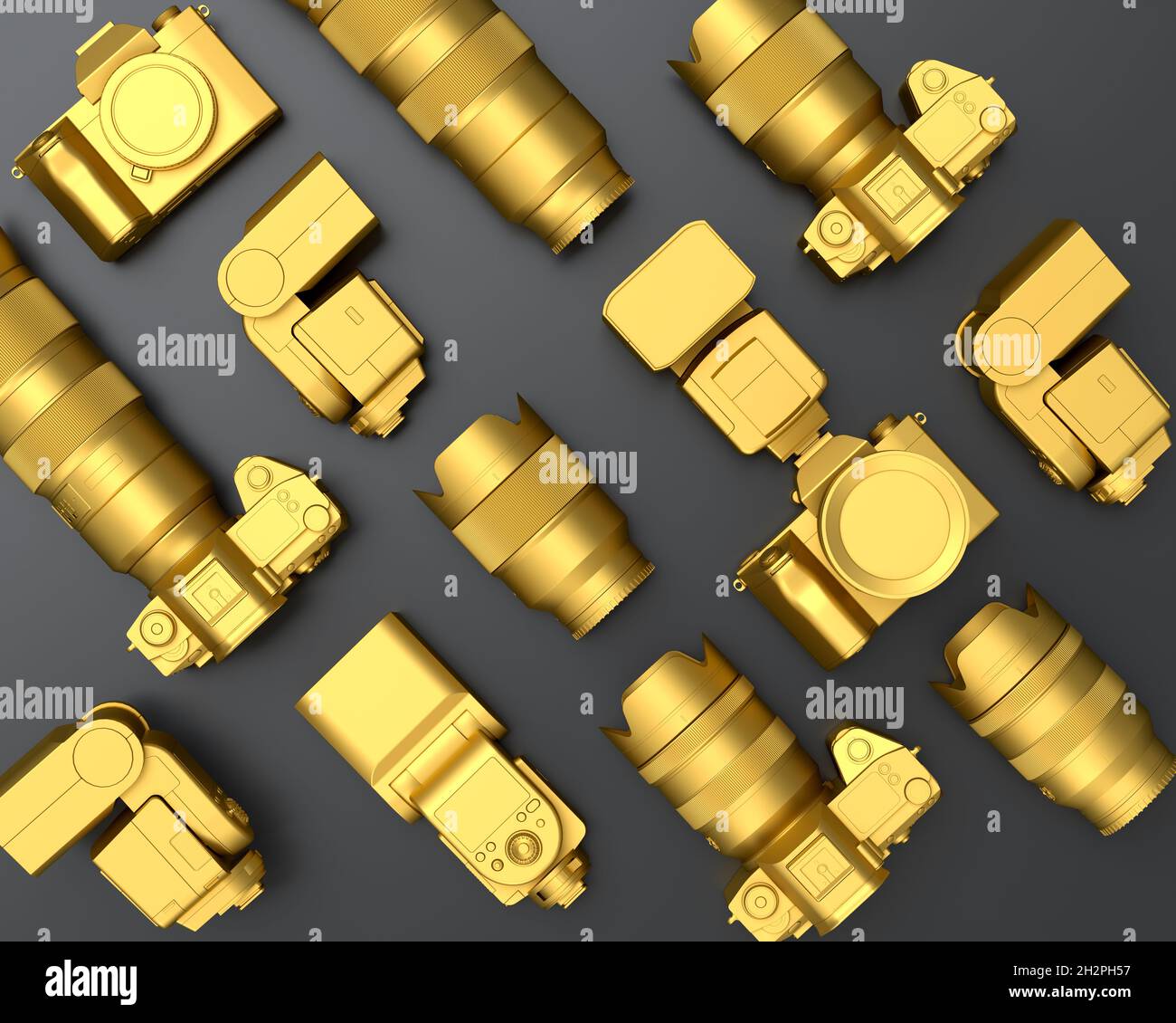 Top view of gold designer workspace and gear like nonexistent DSLR ...