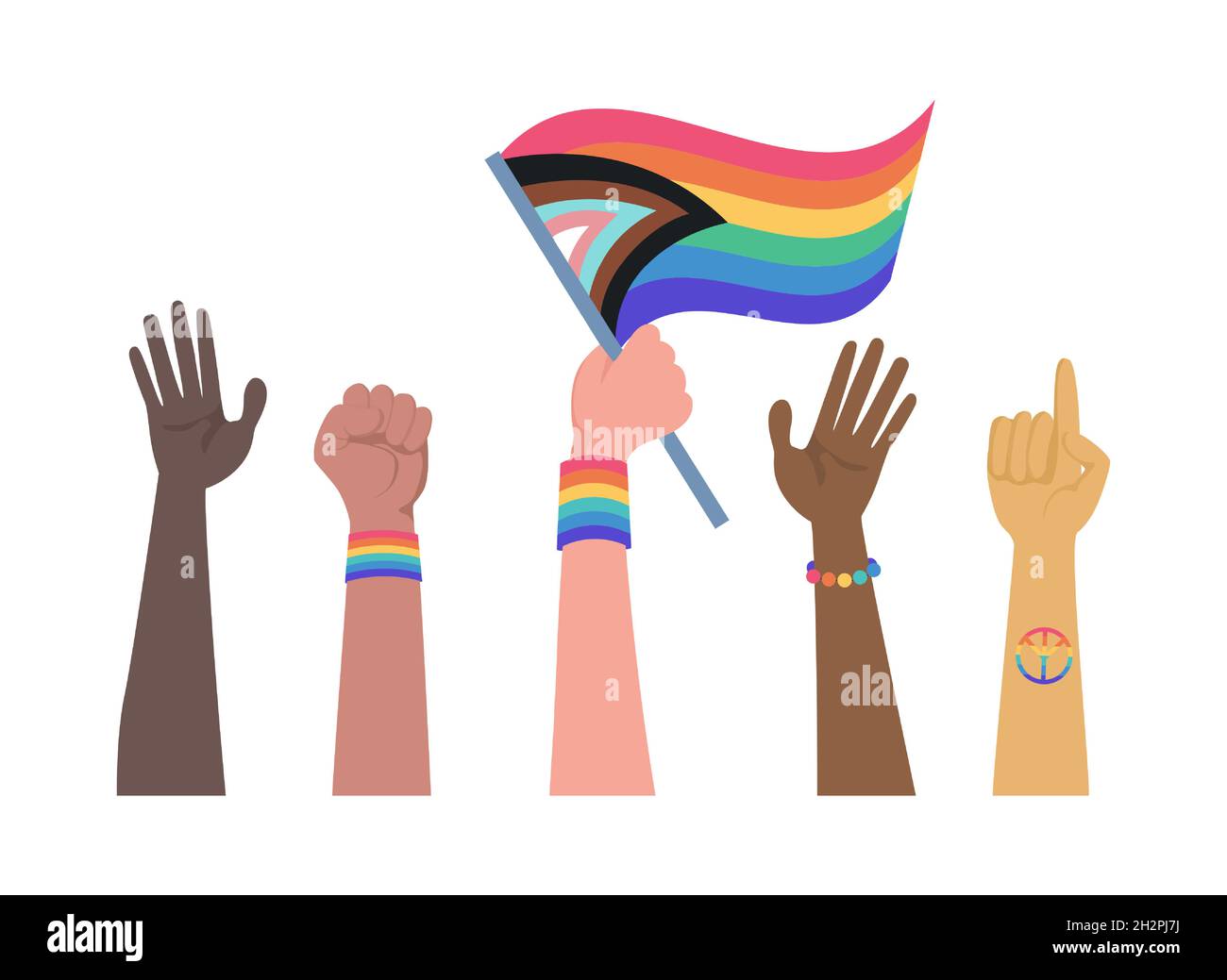 Human hands holding rainbow LGBT plus flag, male and female symbols ...